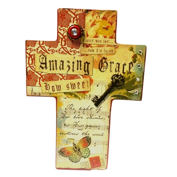 Art | Vintage Folk Art Wall Cross Mixed Media Collage Skeleton Key ...